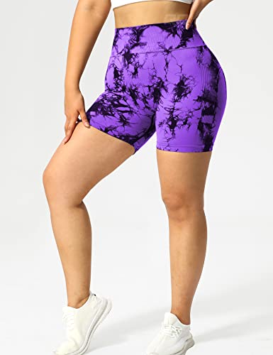 QOQ Womens Tie Dye Workout Biker Shorts Yoga Scrunch Booty High Waisted Tummy Control Athletic Short Leggings Violet L
