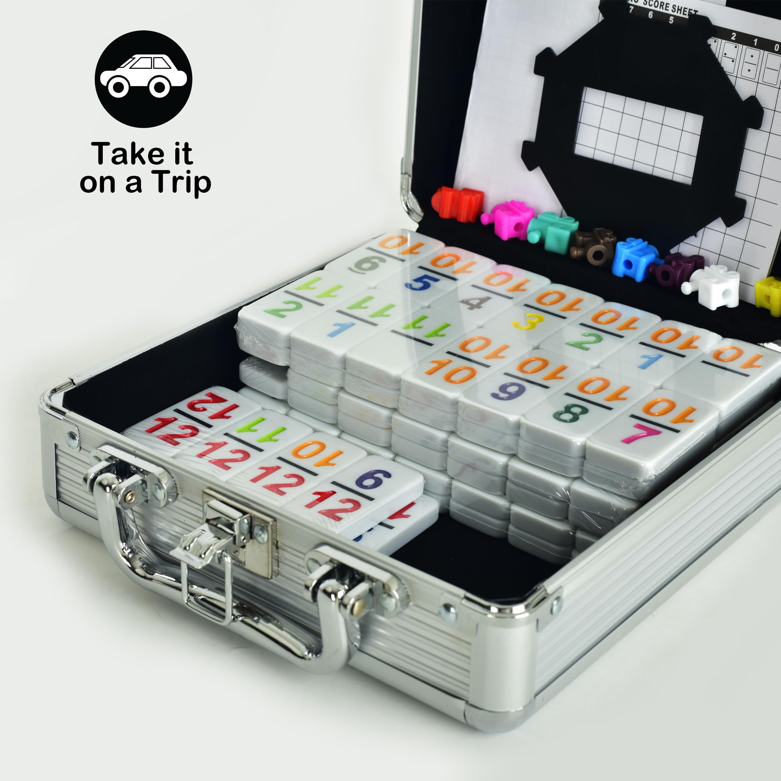 Dominoes Double 12 Colored Dot Dominoes Mexican Train Game Set, Double 12 Colored Dot Dominoes with Aluminum Case Mexican Train Game Set, 91 Tiles(2-8 Player)