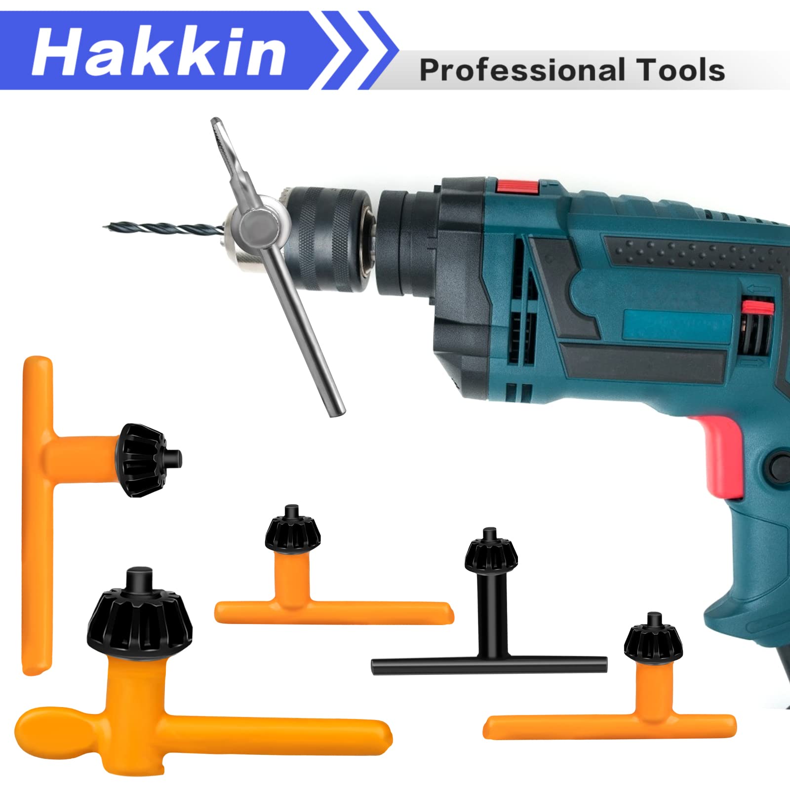 Hakkin 6 Sizes Drill Chuck Key Wrench, 3/4" 5/8" 1/2" 3/8" 1/4" 5/32" Carbon Steel Heavy Duty Thumb Handle Chuck Key, Replacement Drill Chuck Key Wrench, Electric Drill Clamping Tool
