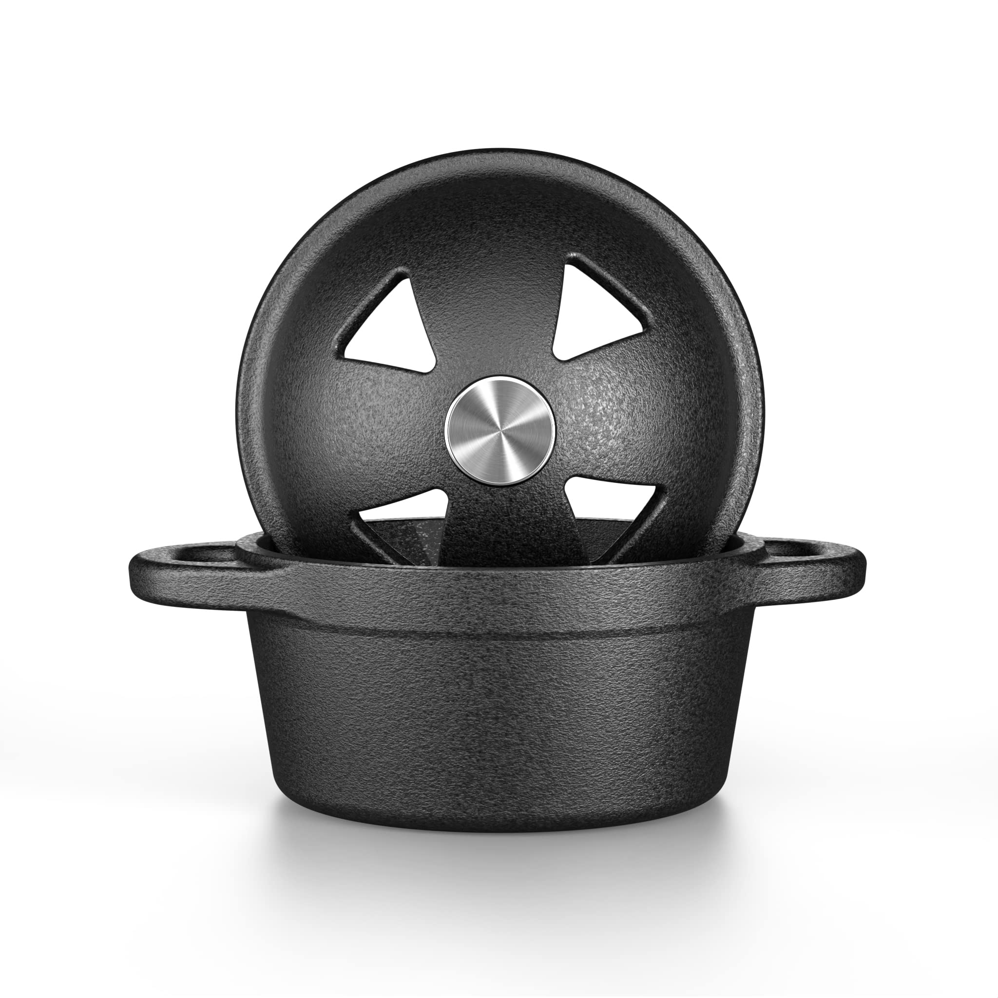 Garlic Roaster Baker, Cast Iron Dutch Oven Pre-Seasoned, Mini Cocotte, 1 Cup Capacity, Black, Ramekin with Lid, for BBQ Grill or Oven, by Bazaar LM-ents (Dome Lid)