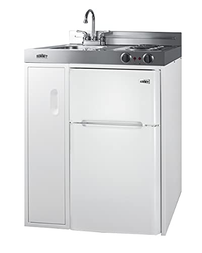 Summit C30ELGLASS 30 Kitchenette with 2 Element Cooktop Refrigerator with Freezer Sink and Faucet in White