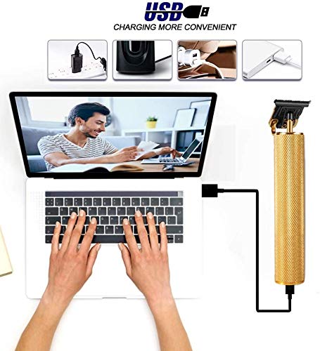 Electric Pro Hair Clippers T-Blade Beard Trimmer USB Rechargeable Cordless Outliner Hair Trimmers for Men Professional Grooming Kit With 4 Limit Comb Gold(0/1.5/3/6/9 mm)