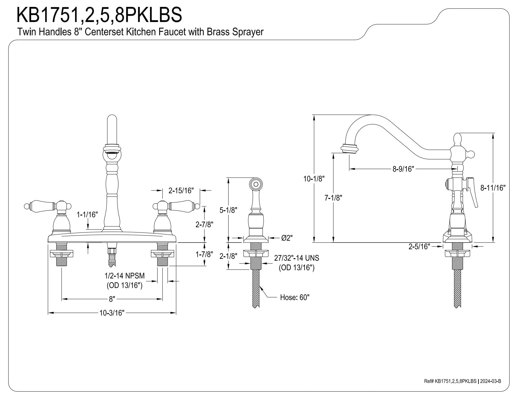 Kingston Brass KB1751PKLBS Duchess 8 inch Centerset Kitchen Faucet with Brass Sprayer, 8-5/8 inch In Spout Reach, Chrome