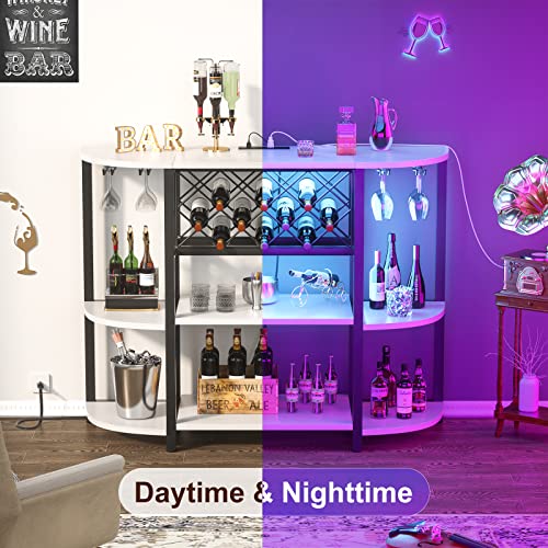 Unikito Bar Table Cabinet with Charging Station,Wine Rack Table with LED light, Wine Bar Cabinet with Storage, Freestanding Floor Bar Cabinet for Liquor and Glasses for Home Kitchen Dining Room, White