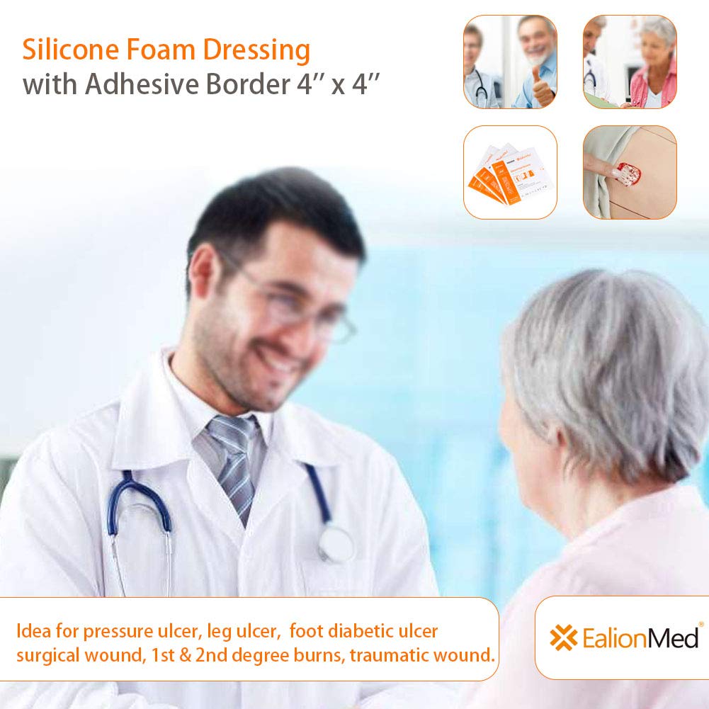 EalionMed Silicone Foam Dressing with Gentle Adhesive Border 4''x4'', 10 Pack, Painless Removal High Absorbency Bed Sore Wound Bandage for Pressure Sore, Leg Ulcer, Diabetic Ulcer