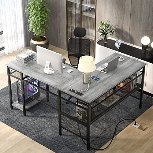 Unikito L Shaped Desk with USB Charging Port and Power Outlet and Office Lateral File Cabinet White Oak