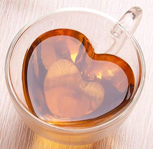 ECO NAVA Set of 2 Pack Creative Heart Shape Design Double-Layer Transparent Double Wall Drinking Glass Cup Mug (7 oz, 180 ml) for Coffee, Tea