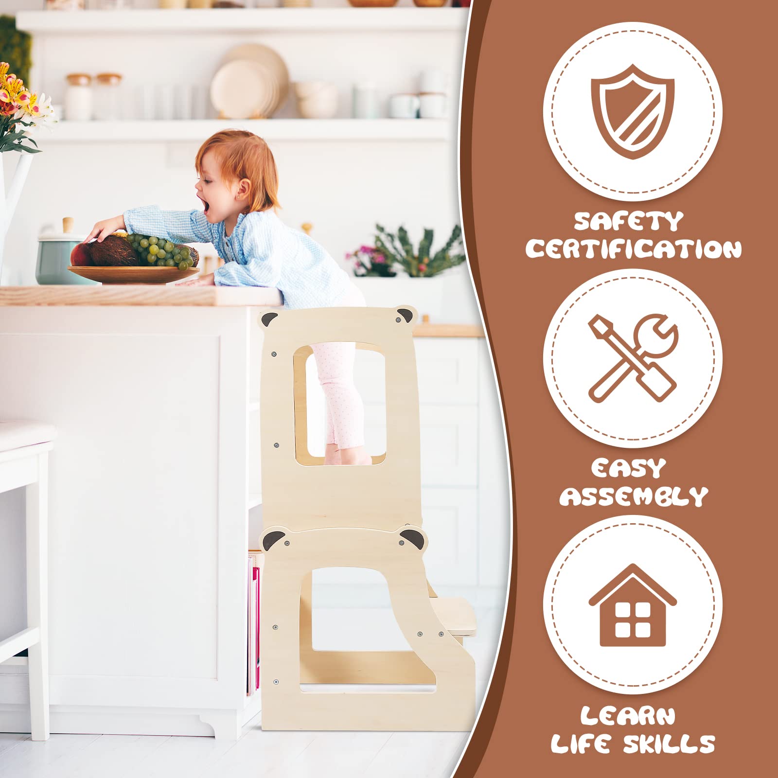 ibwaae 4 in 1 Wooden Toddler Tower Kitchen Step Stool Height Adjustable Standing Helper and Chalkboard Whiteboard Message Board