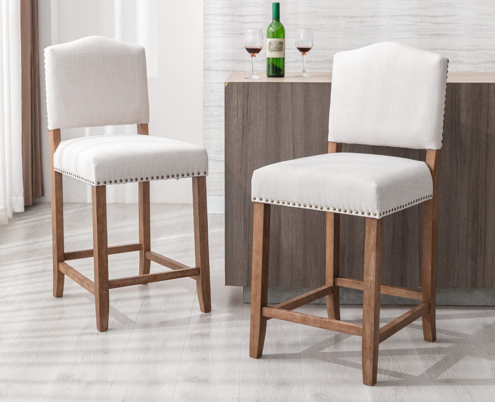 EALSON Farmhouse Bar Stools Set of 2 Bar Height Kitchen Barstools with Back Mid Century Modern Wooden Bar Chairs Linen Upholstered High Counter Stools for Home Bar/Island/Pub, 30 Inch Beige