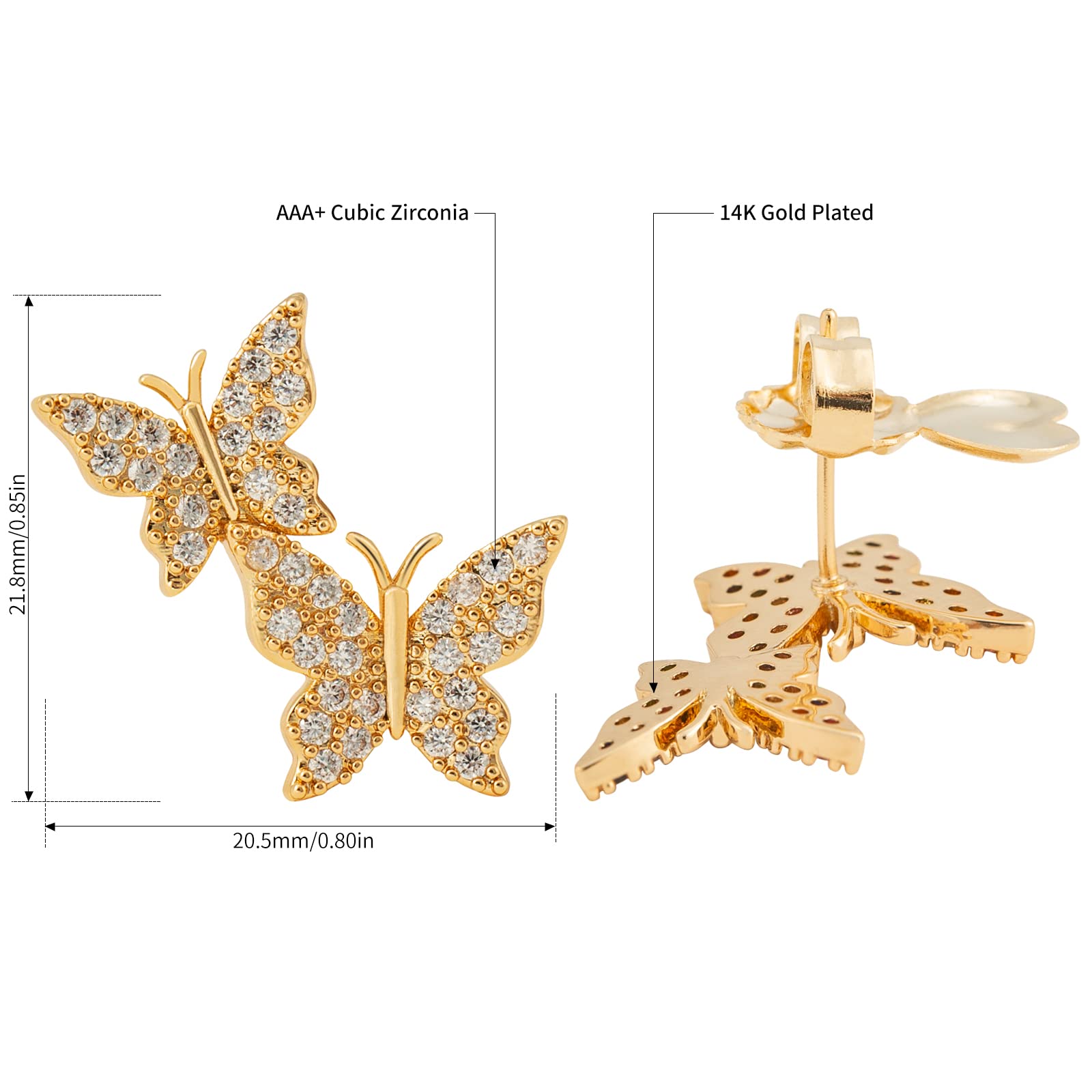 CZ Butterfly Studs Earrings - 14K Gold Plated CZ Pave Butterfly Earrings for Women,Good Gift for Sister,Lover (Gold - A)