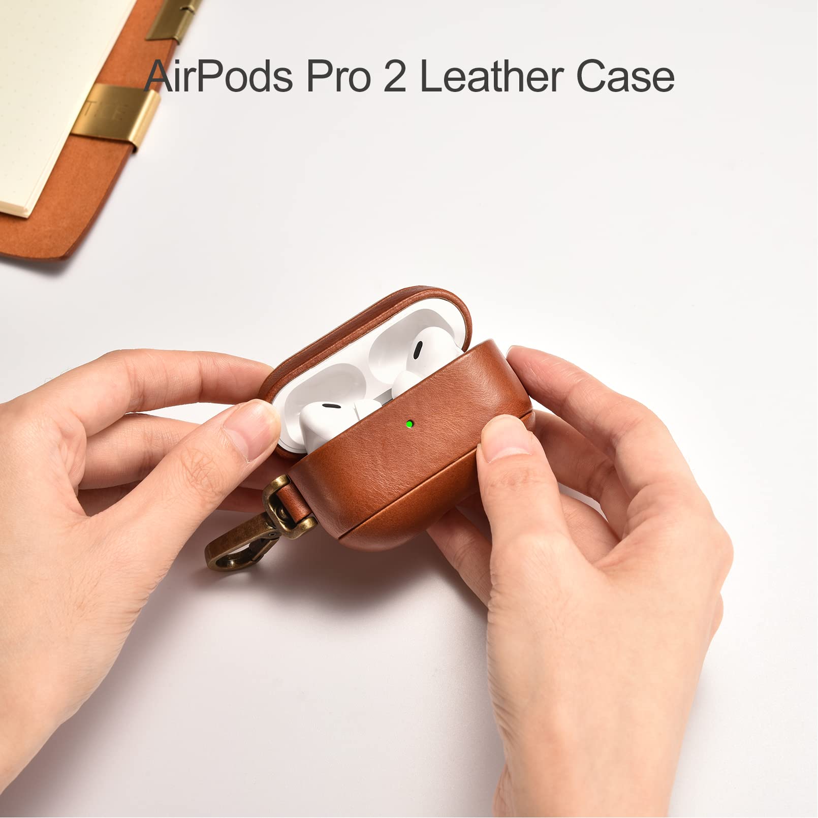 ICARER AirPod Pro 2 Case, Premium Genuine Leather Portable with Metal Keychain Case for AirPod Pro 2nd Generation (Brown)