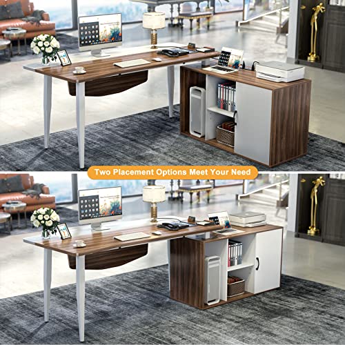 Unikito L Shaped Desk with File Cabinet and Power Outlet, 55 Inch Large Corner Computer Desks with LED Light Strip, L-Shaped Computer Desk with Door and Storage Shelves for Home Office, Walnut & White