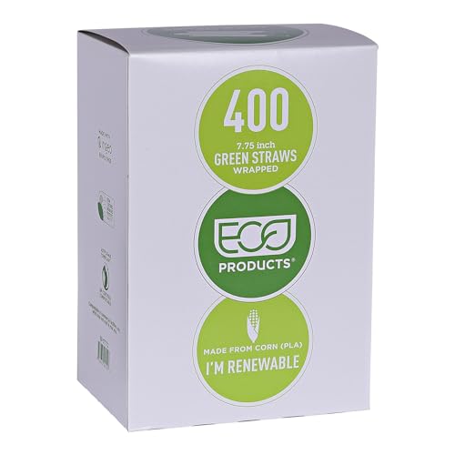 Eco-Products Compostable Disposable PLA Plastic Drinking Straws, Individually Wrapped, 7.75", 5mm, Green, Case of 9600