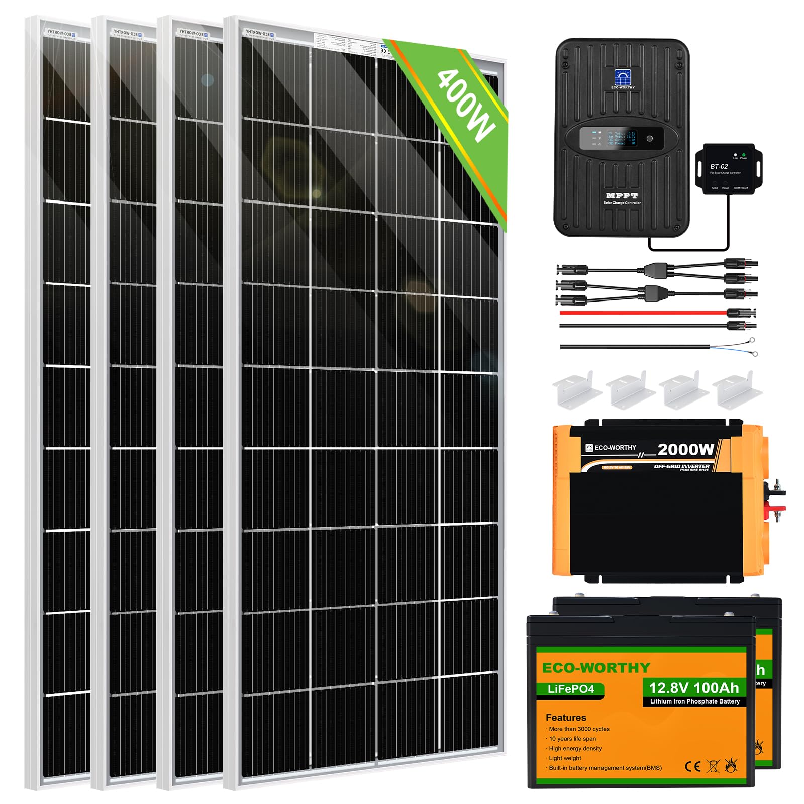 ECO-WORTHY 1.6KWH Complete Solar Panel Kit 400W 12V for RV Off Grid: 4*100W Bifacial Solar Panel + 40A MPPT Controller + 2*12V 100Ah Lithium Battery + Upgraded 2000W Power Inverter + Bluetooth Module