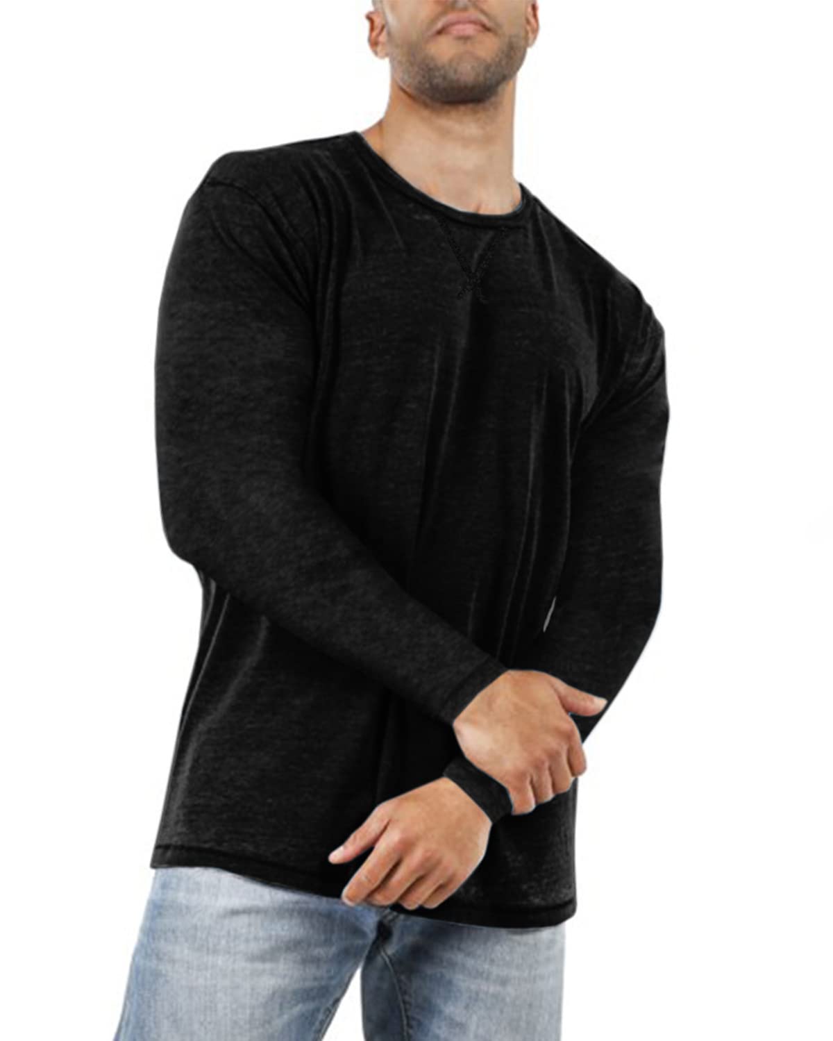 Fashion Mens Long Sleeve Athletic T Shirts Cotton Crew Neck Undershirt Workout Running Gym Top Black