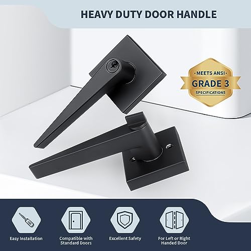 LOQRON Heavy Duty Entrance Door Lever Keyed Entry Door Handle with Lock and Keys Reversible for Matte Black Handle for Bedroom, Office or Front Door
