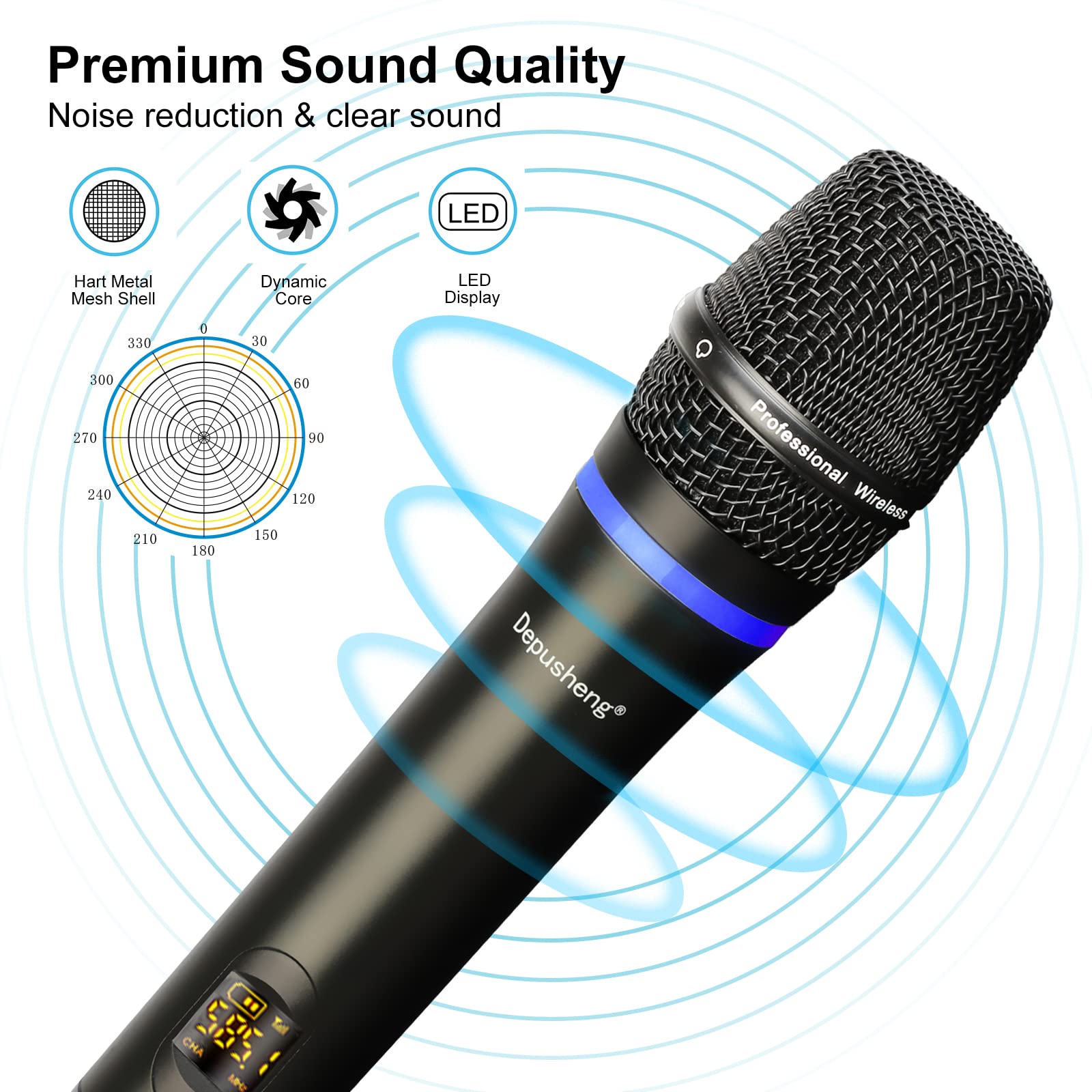 Depusheng Wireless Microphone, UHF Metal Dynamic Handheld Karaoke Mic with Rechargeable Receiver, 1/4”&1/8” Output, for Karaoke Singing, Wedding, DJ, Party, Speech, Church, Class Use W7, Black