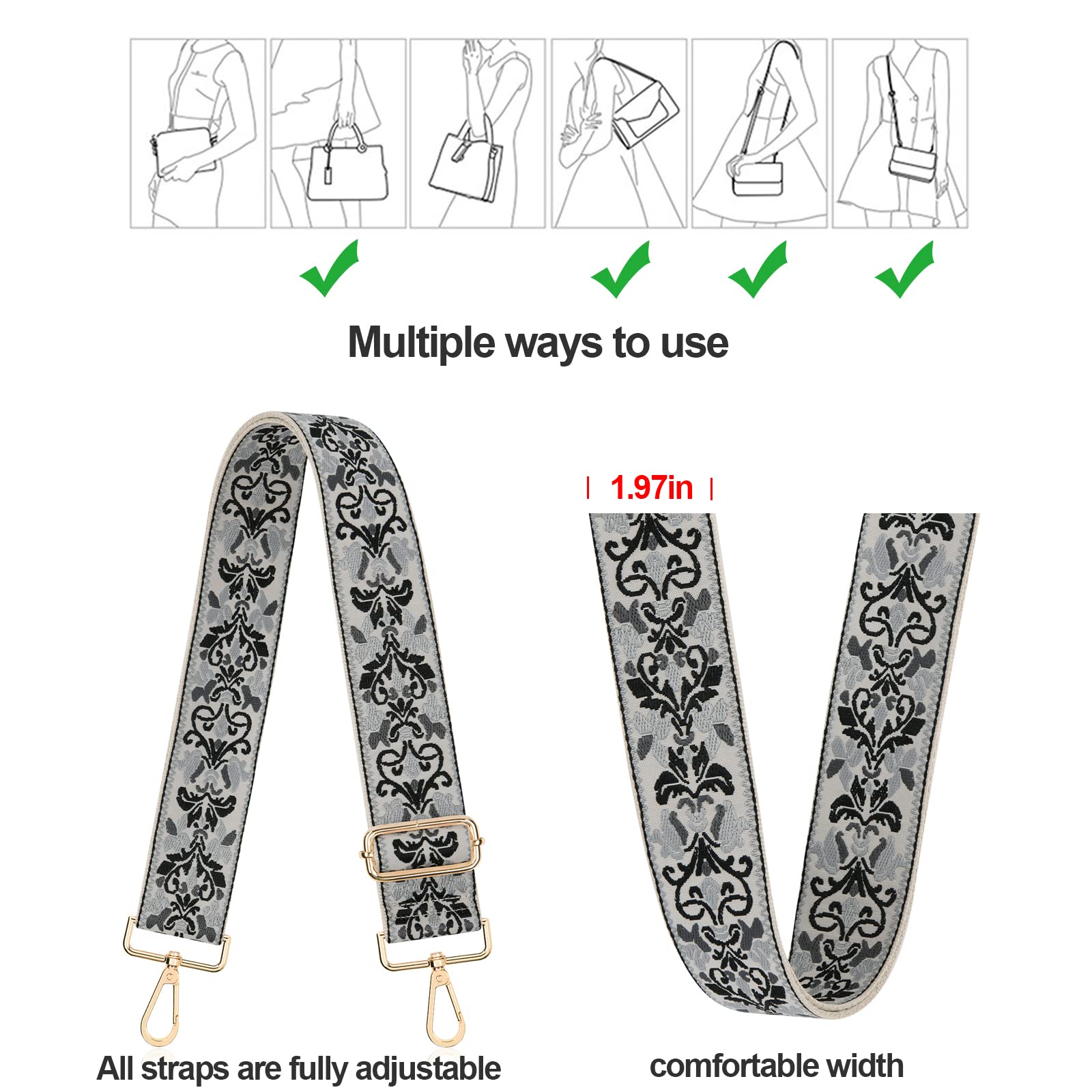 Embroidery Purse Strap for Women Crossbody Bag ,Silver,Gold Hardware,Adjustable Strap for Handbag ,Cross Body Belt for Shoulder Bags
