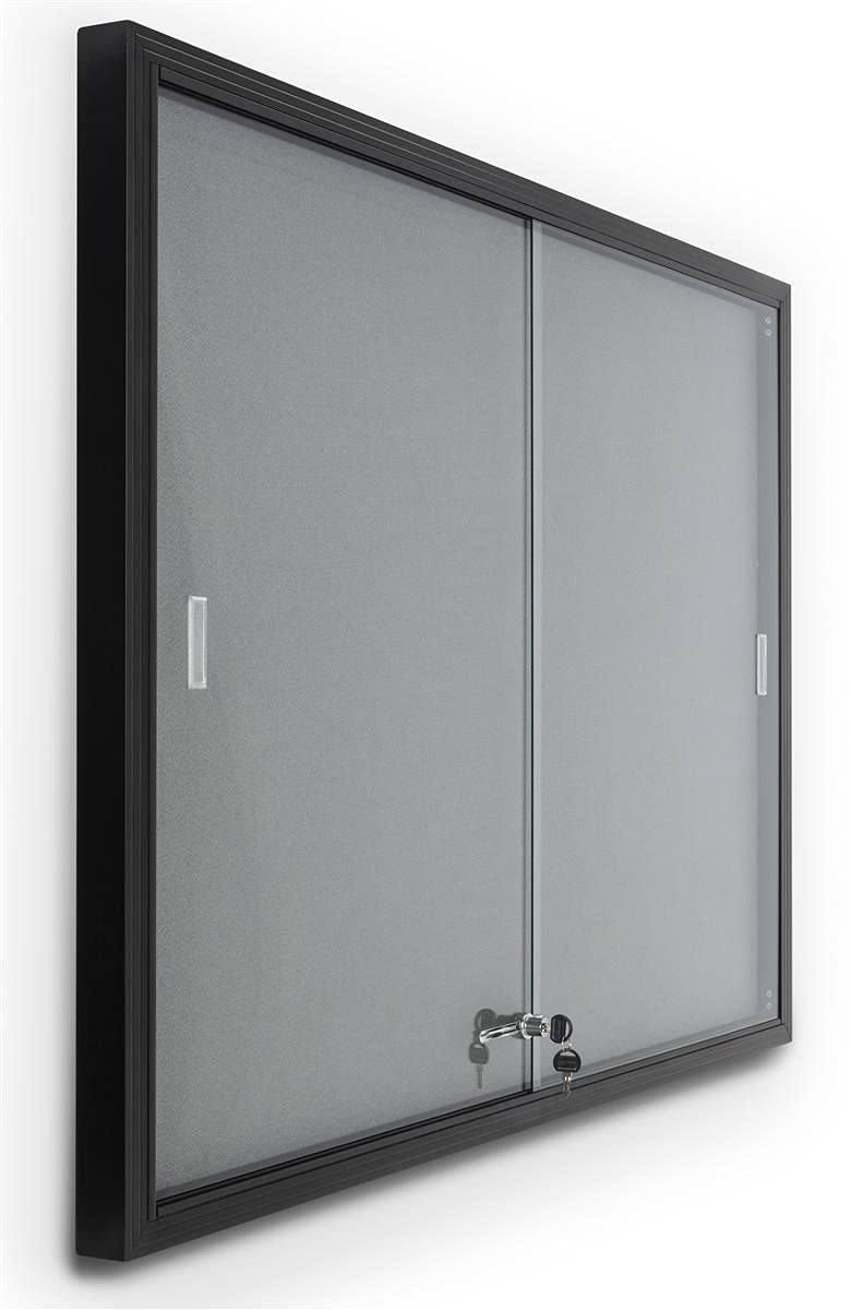 Displays2go 4' x 3' Enclosed Locking Bulletin Board for Indoor Use, Gray Fabric - Black (FBSD43BKGLG)