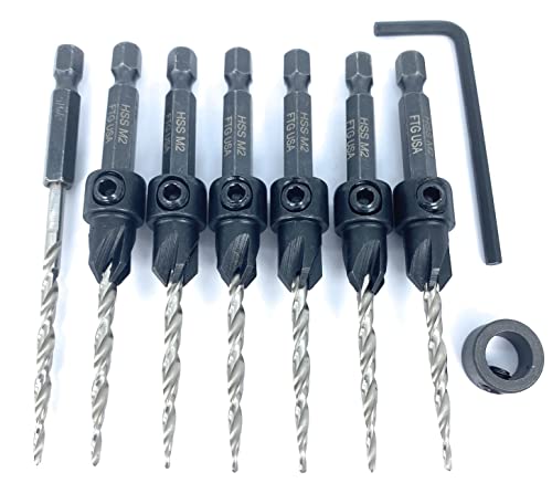 FTG USA Countersink Drill Bit Set 6 Pc #6 (9/64") Wood Countersink Drill Bit, Pro Pack Countersink Bit, 1 Extra Tapered Drill Bit for Countersink, 1 Stop Collar, 1 Hex Wrench