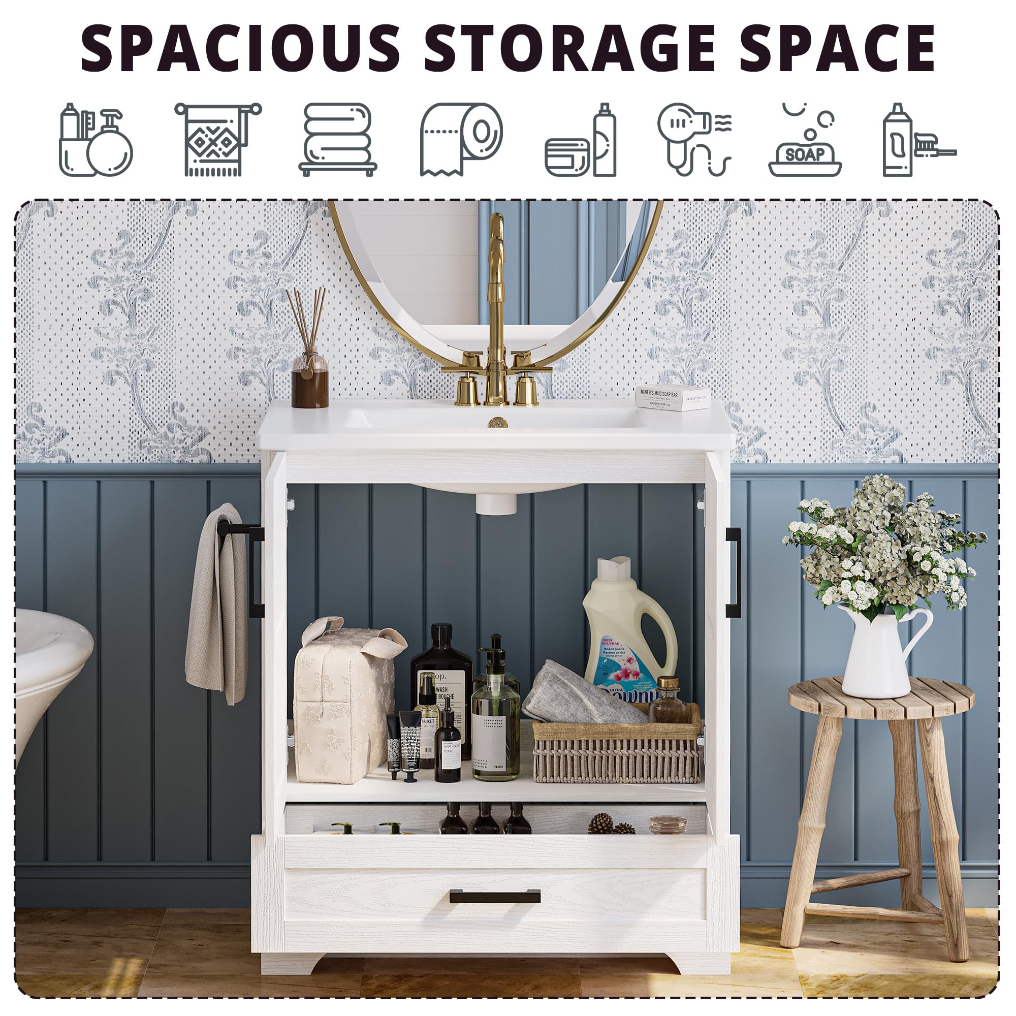 IRONCK Bathroom Vanity, 24" Bathroom Vanity with Sink, Farmhouse Wood Fixture Stand Pedestal Bathroom Cabinet with Drawer, Easy Assembly