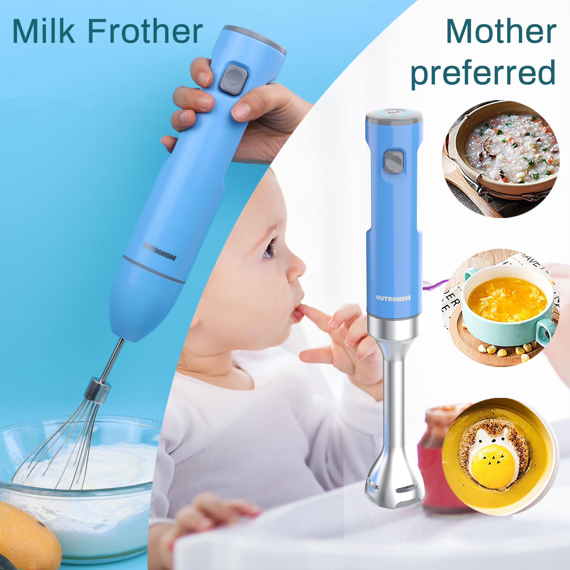 Cordless Hand Blender, OUTRONSM Immersion Blender Handheld Rechargeable, with Charging Cable, Egg Whisk, for Smoothies, Milkshakes, Hummus and Soups β Blue