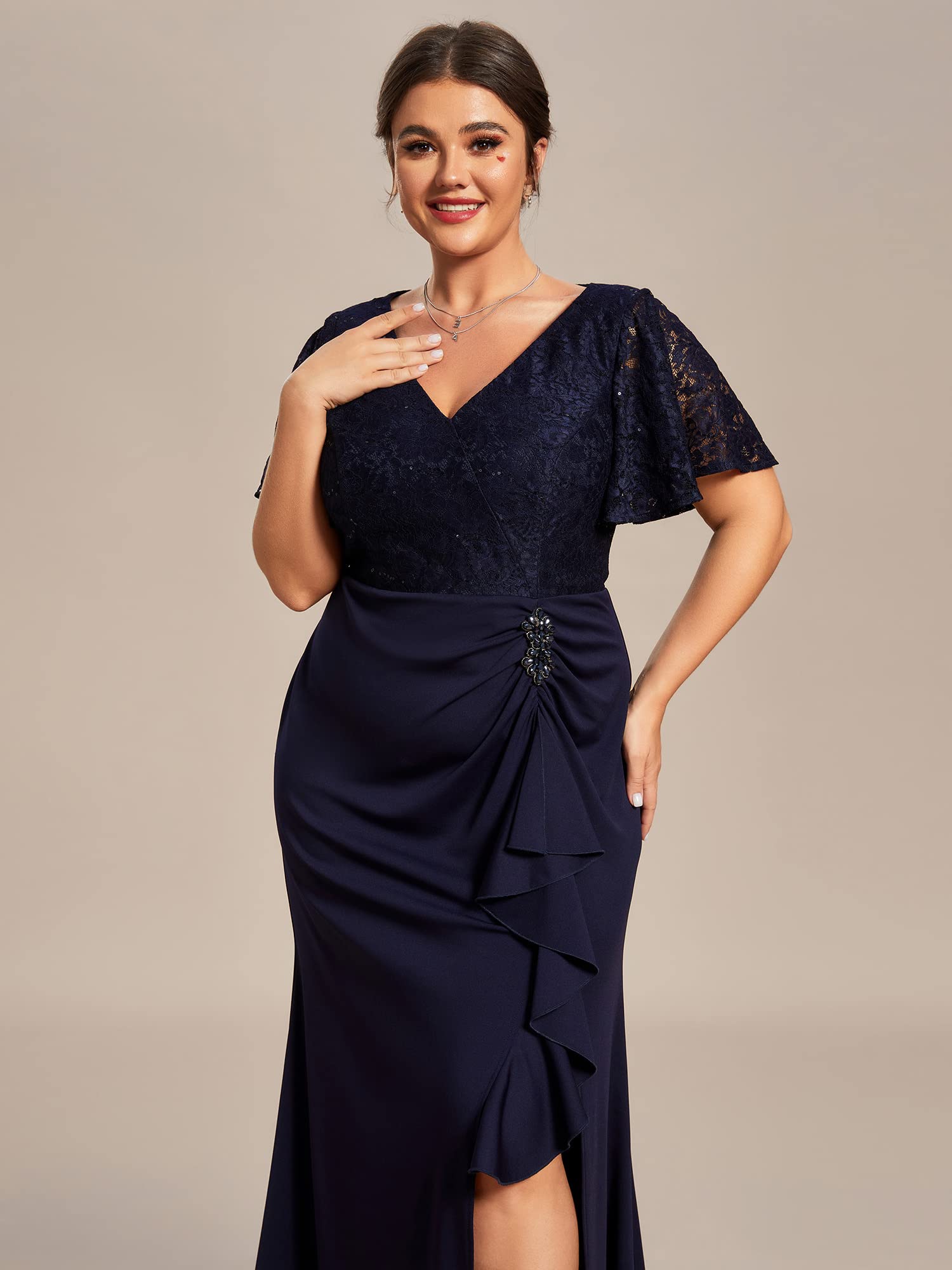 Ever-Pretty Plus Women's Plus Size Lace Top Lotus Leaf Hemline Bodycon Maxi Mother of The Groom Dresses Navy Blue US24