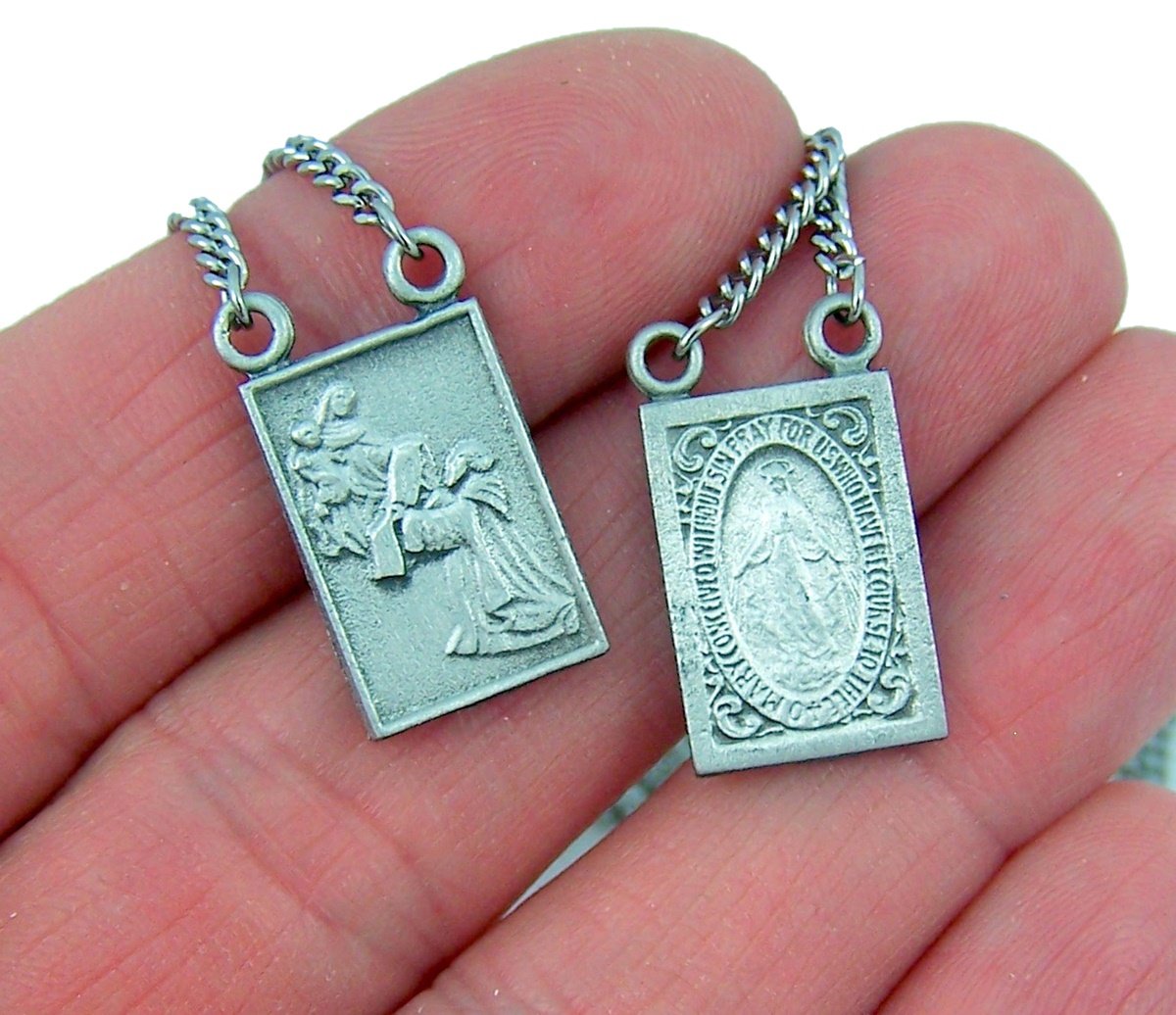 Devotional Scapulars Pewter Scapular Medals with Stainless Steel Rhodium Finished Chain, 18 Inch