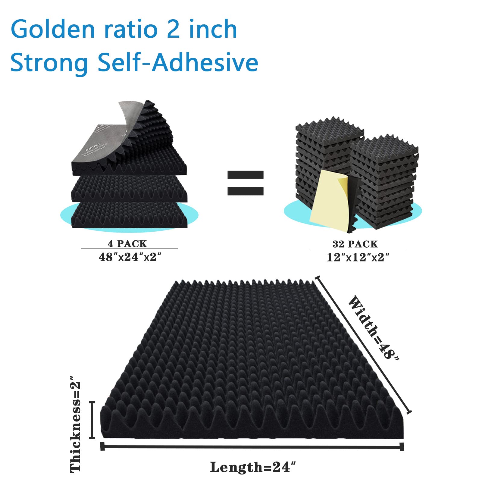 FOUCARSI 4 Pack Self-Adhesive Acoustic Foam Egg Crate Panels Soundproof Studio Foam Wall Panels 48" X 24" X 2" Noise Absorbing for Recording Studios, Home Theaters, and Gaming Rooms