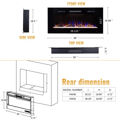 S-THROUGH Electric Fireplace Insert, Recessed and Wall Mounted Electric Fireplace Heater, 36 Inch Linear Electric Fireplace with Remote Control & Timer, Touch Screen, Adjustable Flame Color,750w/1500w