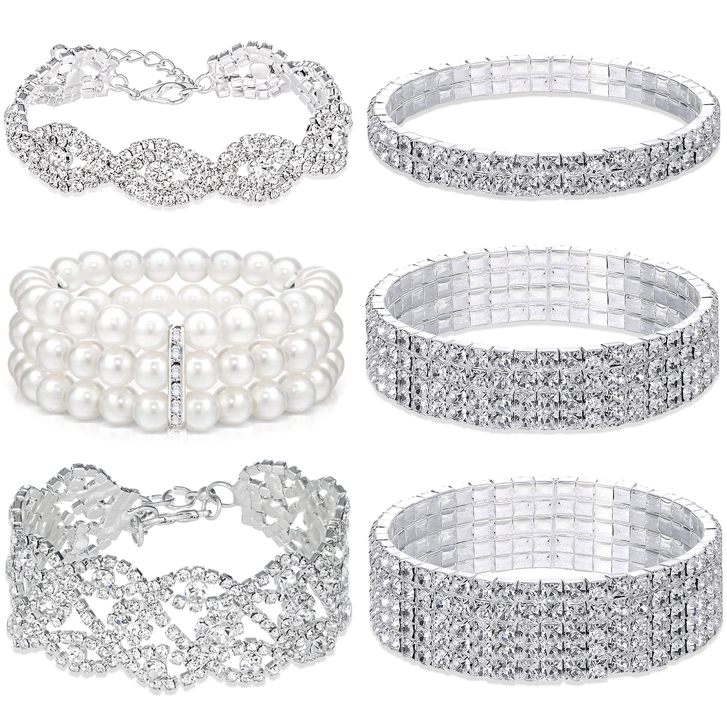 EIELO 6 Pcs Rhinestone Stretch Bracelet for Women Sparkly Clear Crystal Wedding Bridal Bridesmaid Stretch Bracelet Jewelry Stackable Elastic Pearl Multilayer Strand Link Tennis Bracelets Set