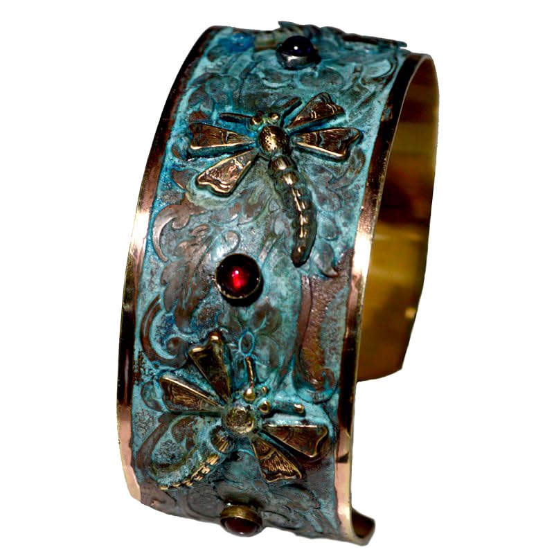 Elaine Coyne Collectible Artwear Verdigris Patina Brass Dragonflies Cuff - Amethyst, Carnelian, Garnet