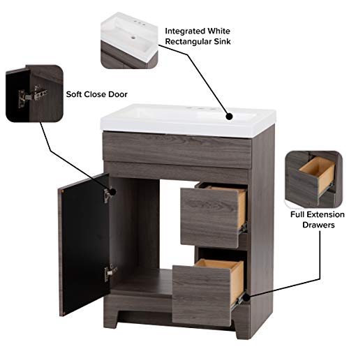 Spring Mill Cabinets Muriel Bathroom Vanity with 1-Door Cabinet, 2 Drawers, and White Single-Sink Top, 24.5" W x 16.75" D x 33.89" H, Dark Oak