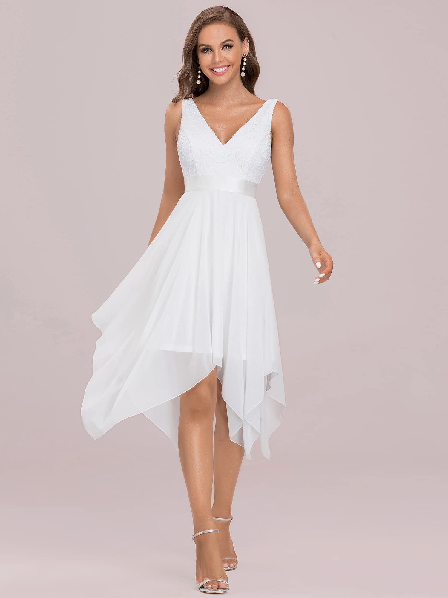 Ever-Pretty Womens Tea-Length V Neck Chiffon Formal Dress for Party White US8