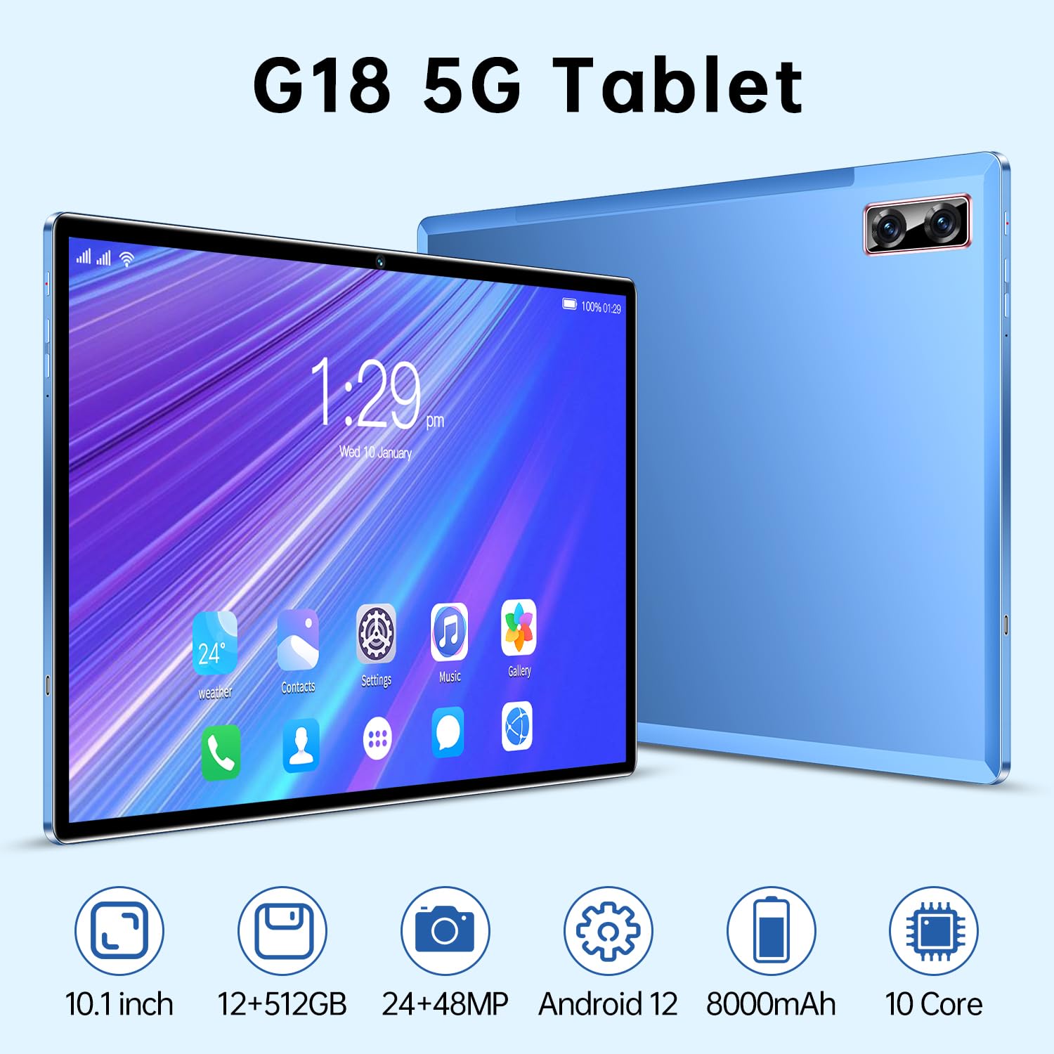 deriny G18 10 inch Android Tablet,1080p Full HD,Long Battery Life,Dual Camera,6GB RAM 128GB ROM,Dual SIM,WiFi,GPS,Bluetooth,Fire HD Kids Tablet,Widely Compatible with App(Blue)