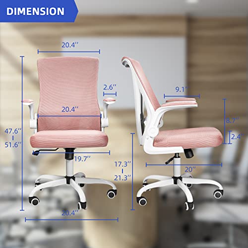 MUZII Task Chair with Arms, Ergonomic Mesh Office Chair, Computer Desk Chair Swivel Office Chair with Flip-up Arms and Adjustable Lumbar Support, Pink
