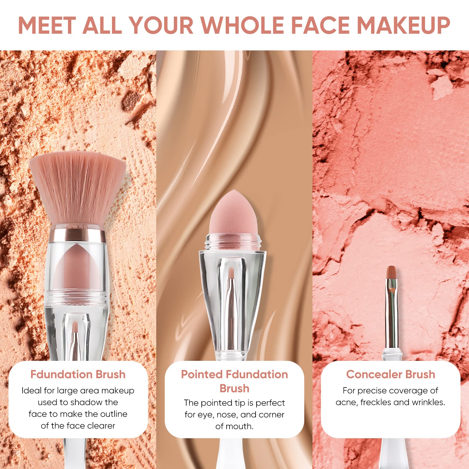 HIPFATE 3-In-1 Foundation Brush, Professional Makeup Brushes Set for Face Blush Liquid Powder Foundation Brush, Portable Design Travel Makeup Brushes Set