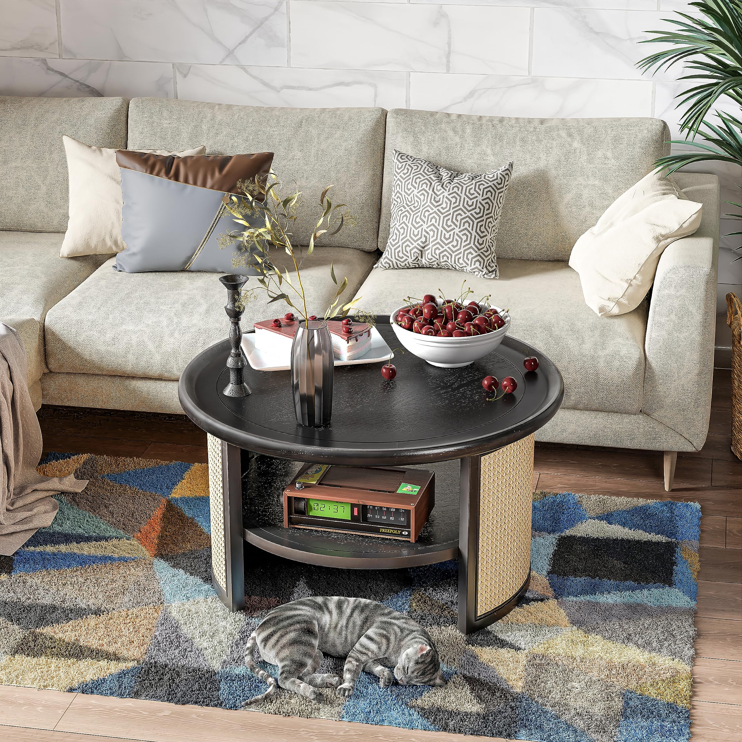 COZAYH Modern Farmhouse Round Coffee Table with Storage Shelf, Wood Tray Top Circle Coffee Table with Rattan Frame for Living Room, Bedroom