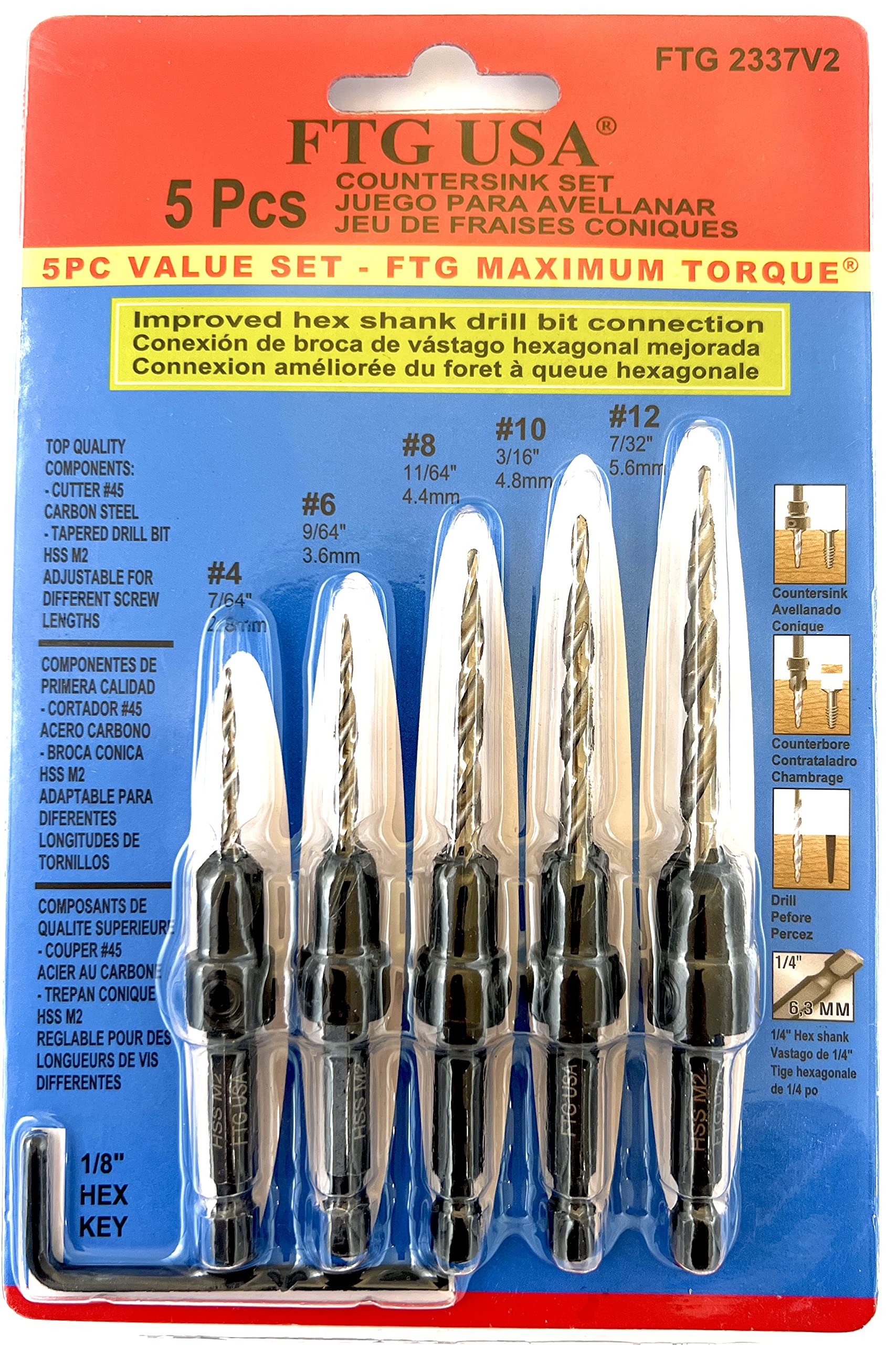FTG USA Wood Countersink Drill Bit Set 5 Pc Countersink Drill Bit #4, 6, 8, 10, 12, Tapered Drill Bits with 1/4" Hex Shank Quick Change, Allen Wrench, and 6 Pc Storage Containers