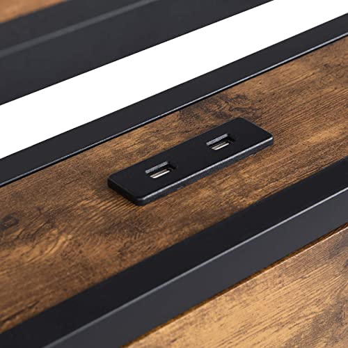 MWrouqfur Modern Industrial Queen Bed Frame with LED Lights and 2 USB Ports,Bed Frame Queen Size with Wood Storage Headboard and 12" Under Bed Storage,Noise Free,No Box Spring Needed (Queen)