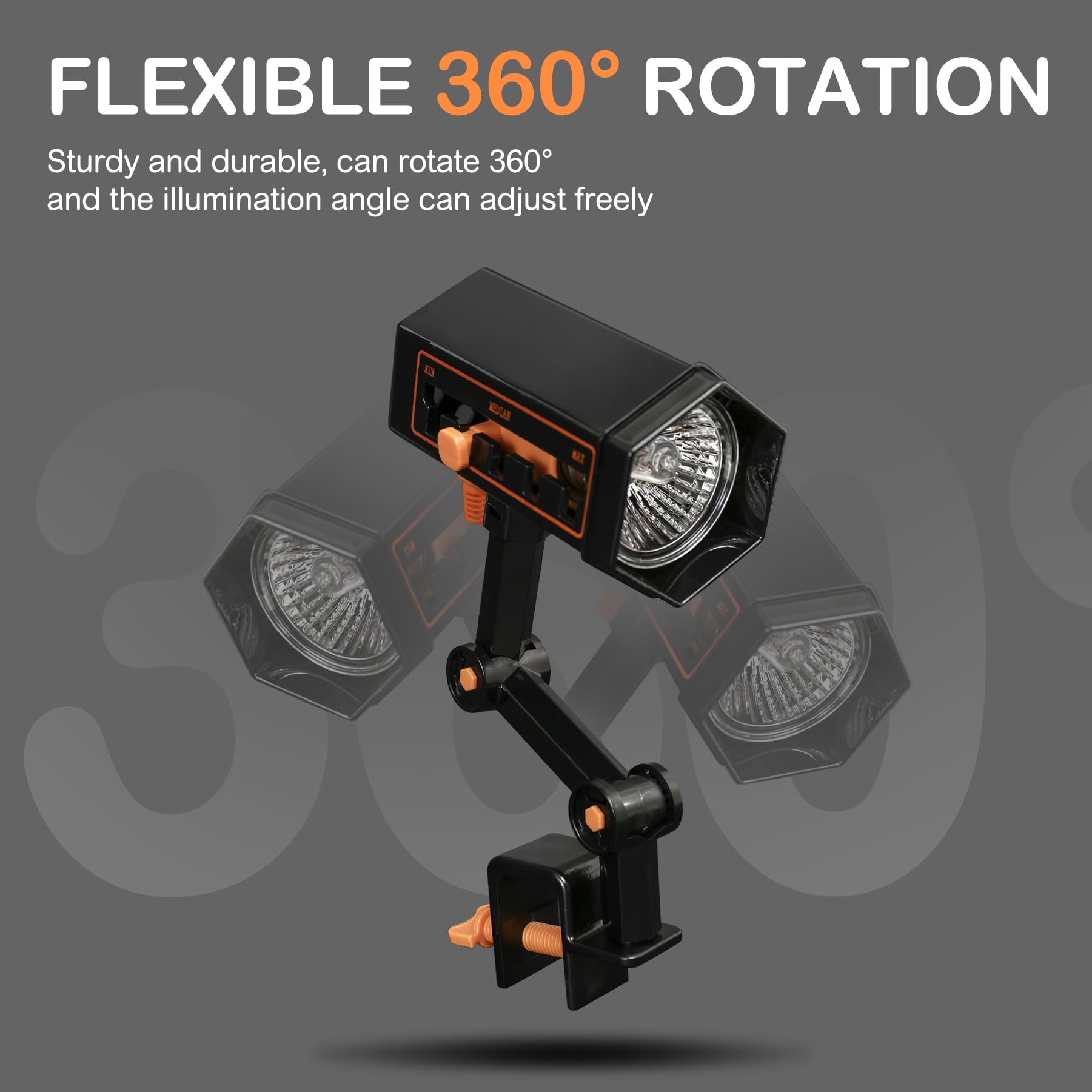 Clioran Reptile Heat UV Lamp, UVA UVB Turtle Basking Spot Light with Screw Clip, Adjustable 360° Rotatable Arms, Dimmable Habitat Heating Gecko Lamp, 25w Bulb for Bearded Dragon Tortoise Lizard Snake