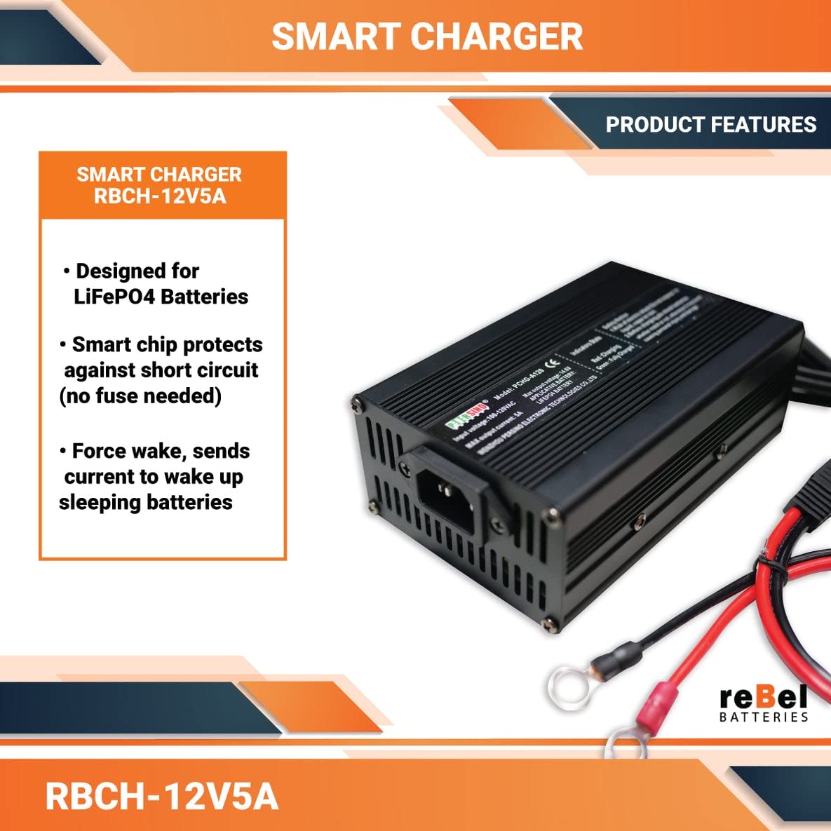 reBel Batteries - 12V LiFePO4 Charger 5 Amp Intelligent Chip CC/CV Multistage Lithium Battery Charger Ring Terminals Plus Alligator Clips