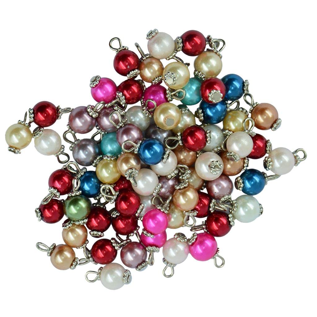 Dovewill 50 Pieces Colourful Charms Dangle Pendant Metal Flower Round Glass Pearl Beads - Silver