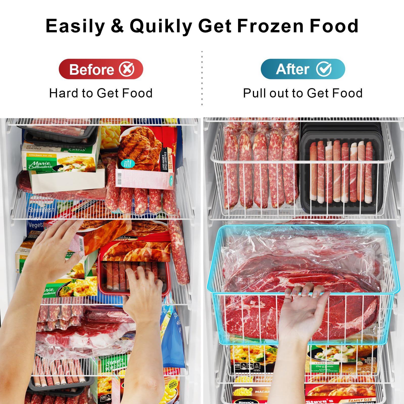 iSPECLE Freezer Organizer Bins - 4 Pack Small Freezer Bin for 5 / 6 / 6.5 / 6.8 / 7 cu.ft Standup Freezer Easy Get, Stop Food Fall out, Freezer Baskets for Upright Freezer Allow Air Circulation, White