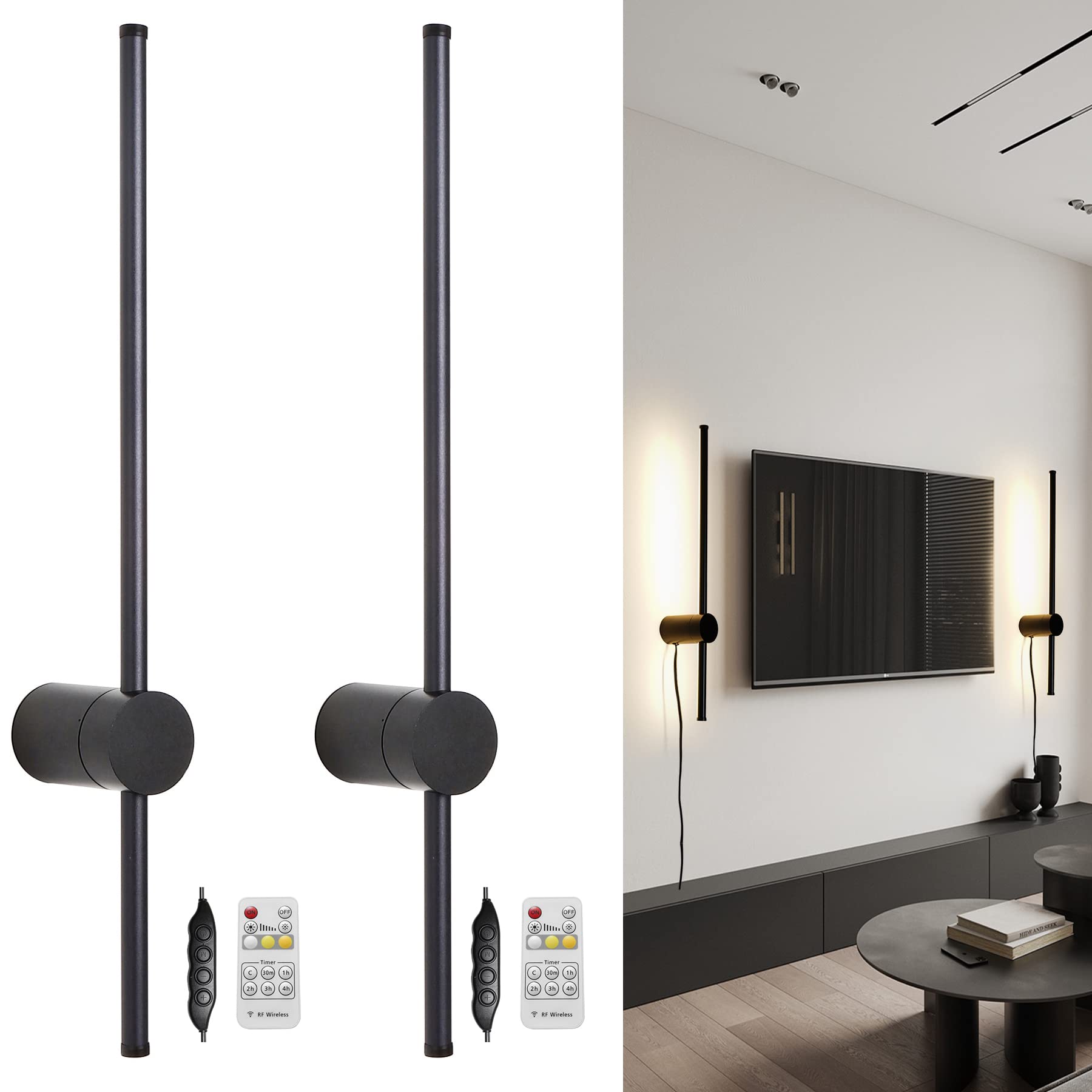 Ditoon Modern Plug in Wall Sconce Set of 2 LED Matte Black Wall Lamp with Plug in Cord On/Off Switch 21 5/8 inches lamp for Bedroom Nightstands(2-Pack)