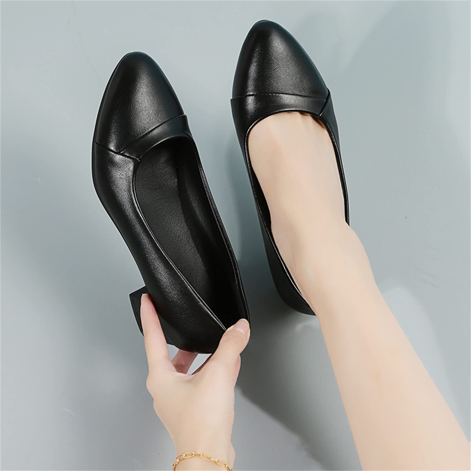 Fashion Summer and Autumn Women Pumps Shoes Pointed Toe Solid Color Simple Style Medium Heel Thick Clear Heels Size 13 Black