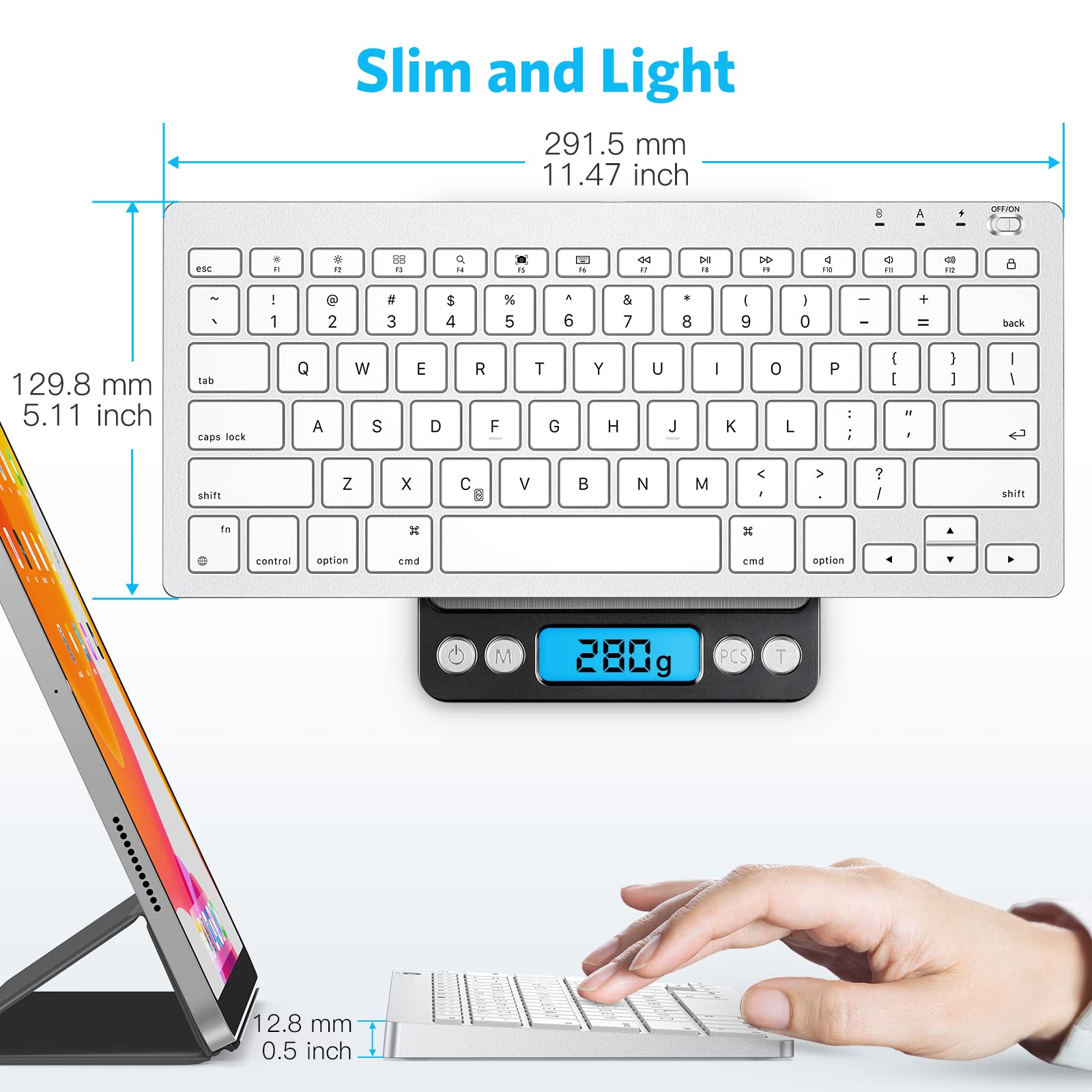 Emetok for iPad Keyboard [Aluminum Base, Big Keycap, Rechargeable], Portable Bluetooth 5.1 Keyboard for iPad 10th/9th/8th, iPad Pro 11/12.9, iPad Air/Mini/iPhone, Silver