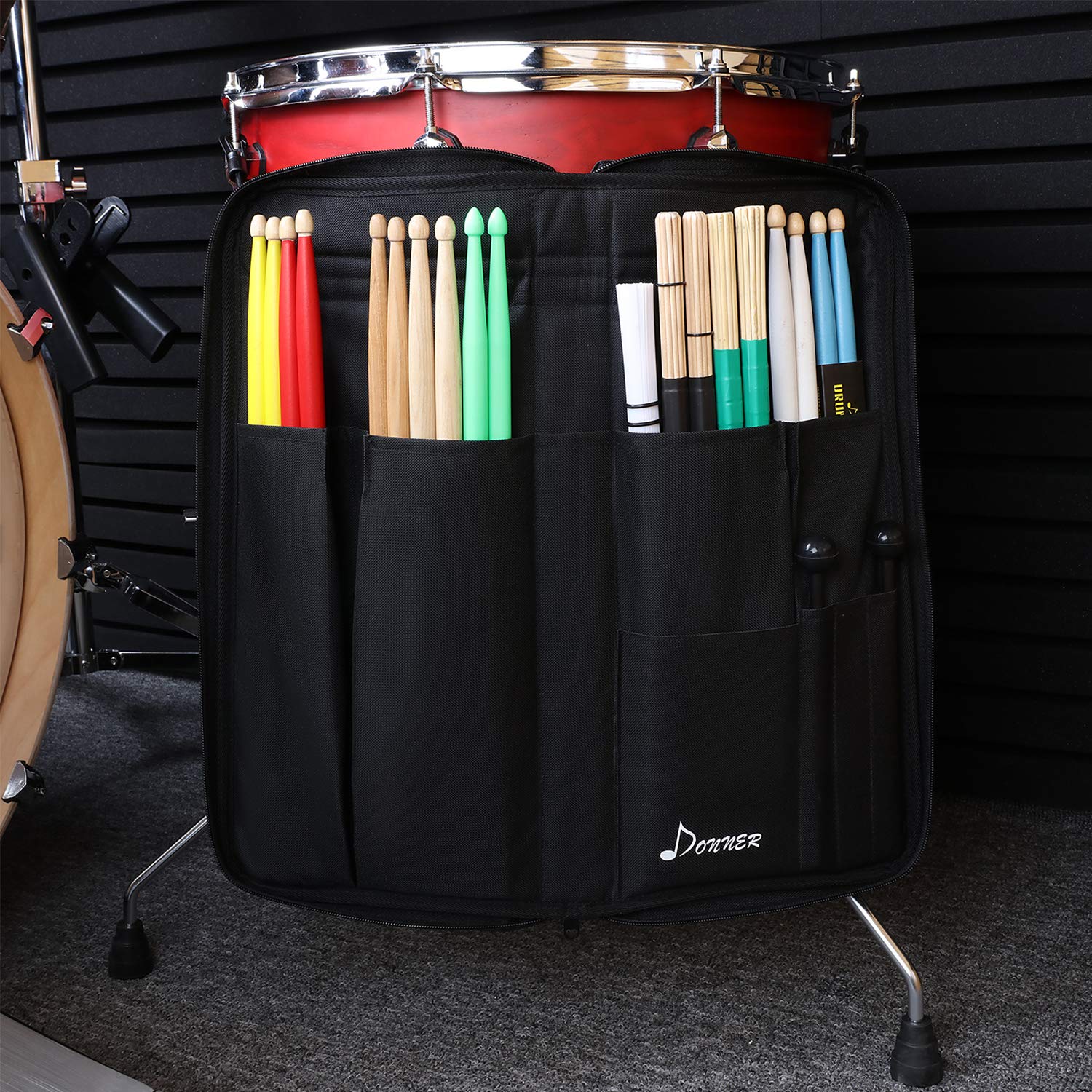 Donner Drumsticks Bag Holder Thickened Large Capacity Drum Sticks Bag Hangable Portable for Drumsticks Brushes Mallets Up to 12 Pairs, Black