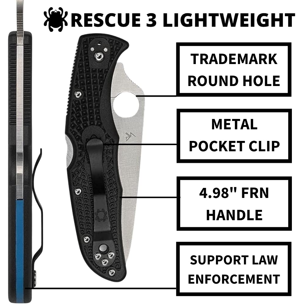Spyderco Rescue 3 Lightweight Knife with 93mm Flat Ground Steel Blade and Tunnel to Towers Black FRN Handle - SpyderEdge - C14FSBKBL3