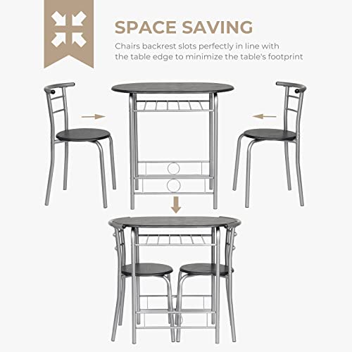 VINGLI 3 Piece Dining Set,Small Kitchen Table Set for 2,Breakfast Table Set,Kitchen Wooden Table and 2 Chairs for Small Space/Dining Room/Apartment,Metal Frame,Wine Rack,Sliver&Black
